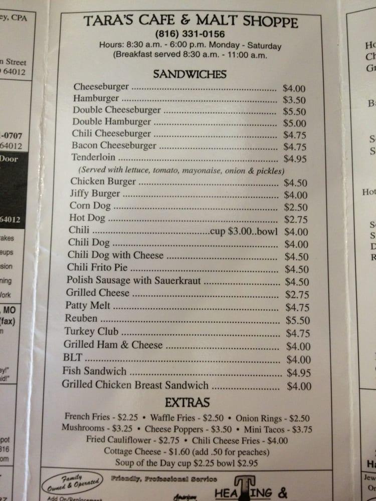 Menu at Tara's Cafe and Malt Shop, Belton