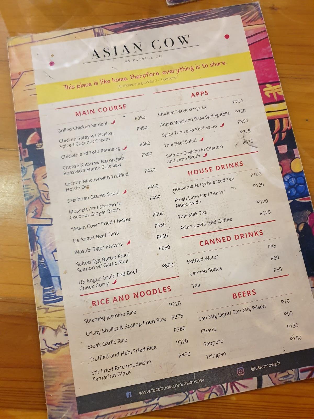 Menu at Asian Cow by Chef Patrick Co restaurant, Davao City