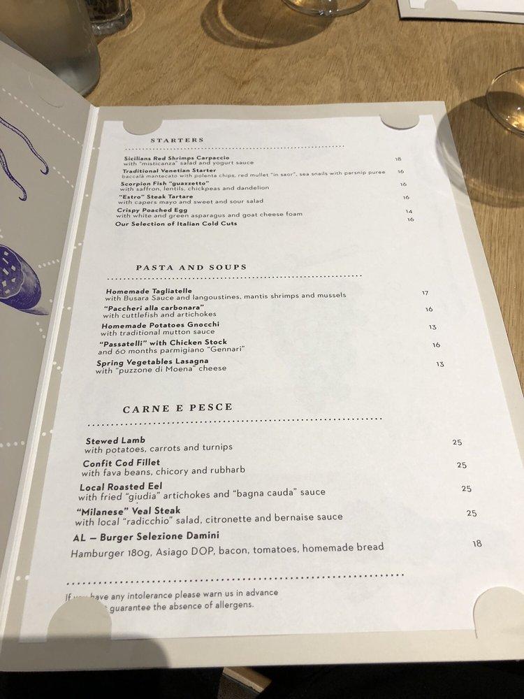 Menu at Estro pub & bar, Venice, Dorsoduro 3778 Crosera