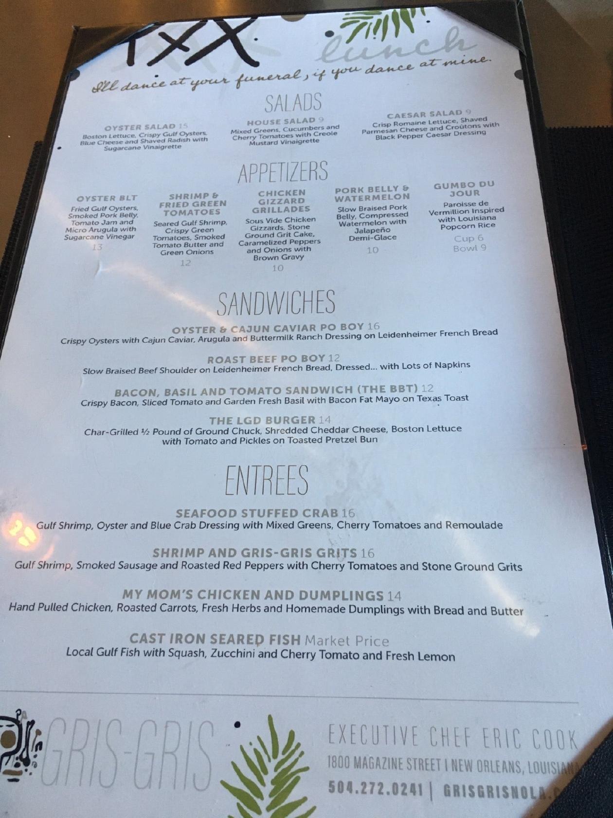 Menu at Gris-Gris restaurant, New Orleans