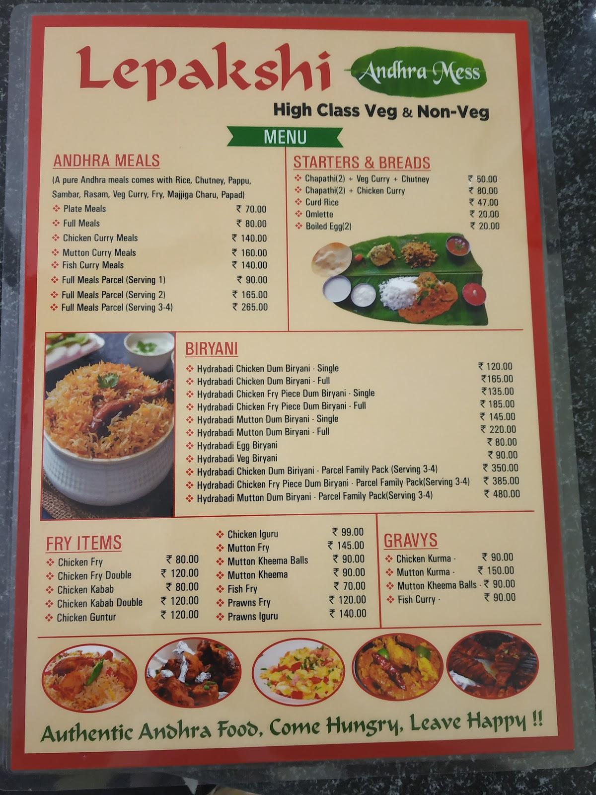 Menu at Lepakshi Andhra mess, Bengaluru