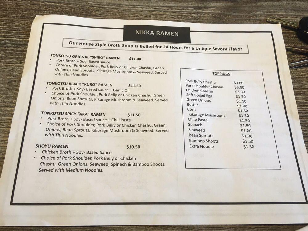 Menu at Nikka Ramen restaurant, Goleta