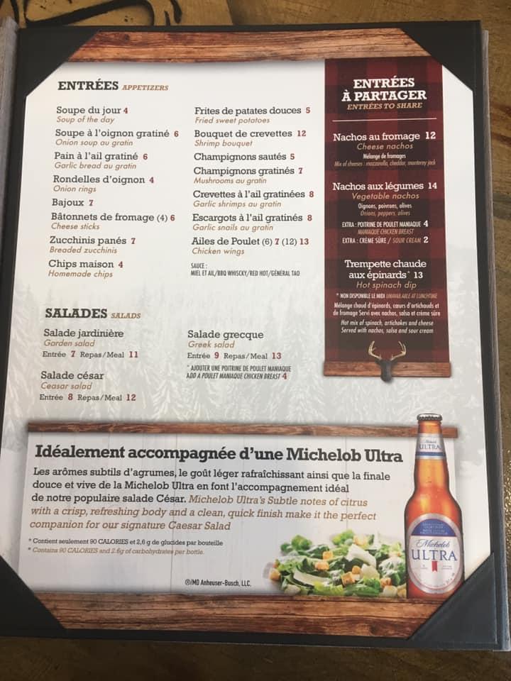 Menu at Pub DéMonts, Canada