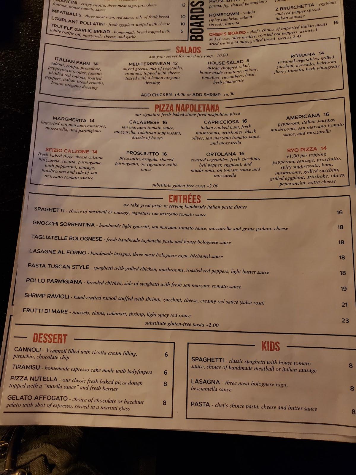 Menu at SFIZIO Modern Italian Kitchen pub & bar, Phoenix