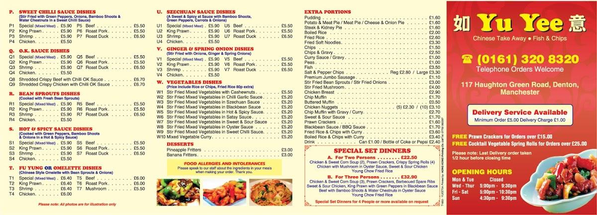 Menu at Yu Yee restaurant, Manchester