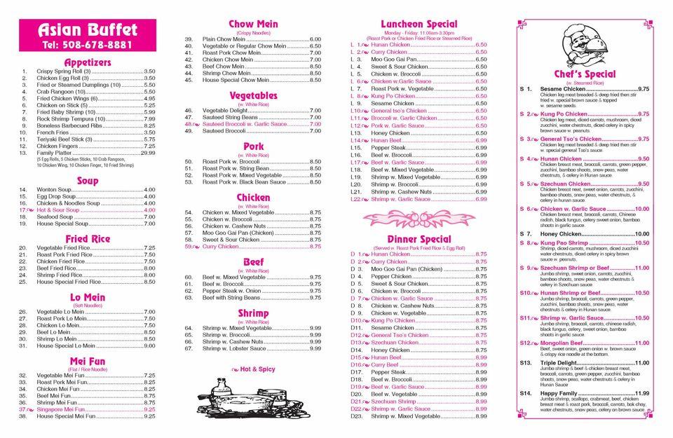 Menu at Asian Buffet restaurant, Somerset