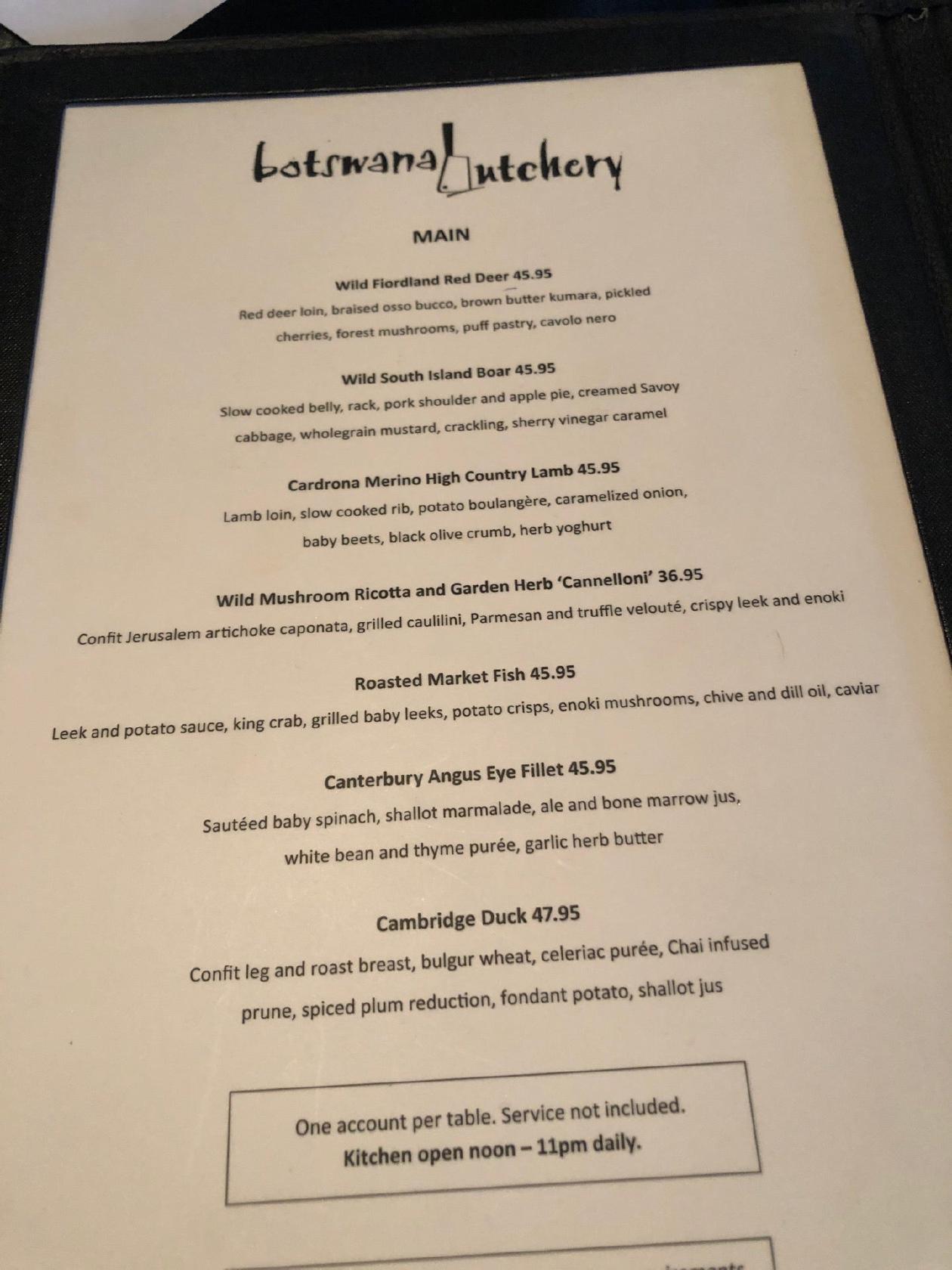 Menu at Botswana Butchery pub & bar, Queenstown, 17 Marine Parade