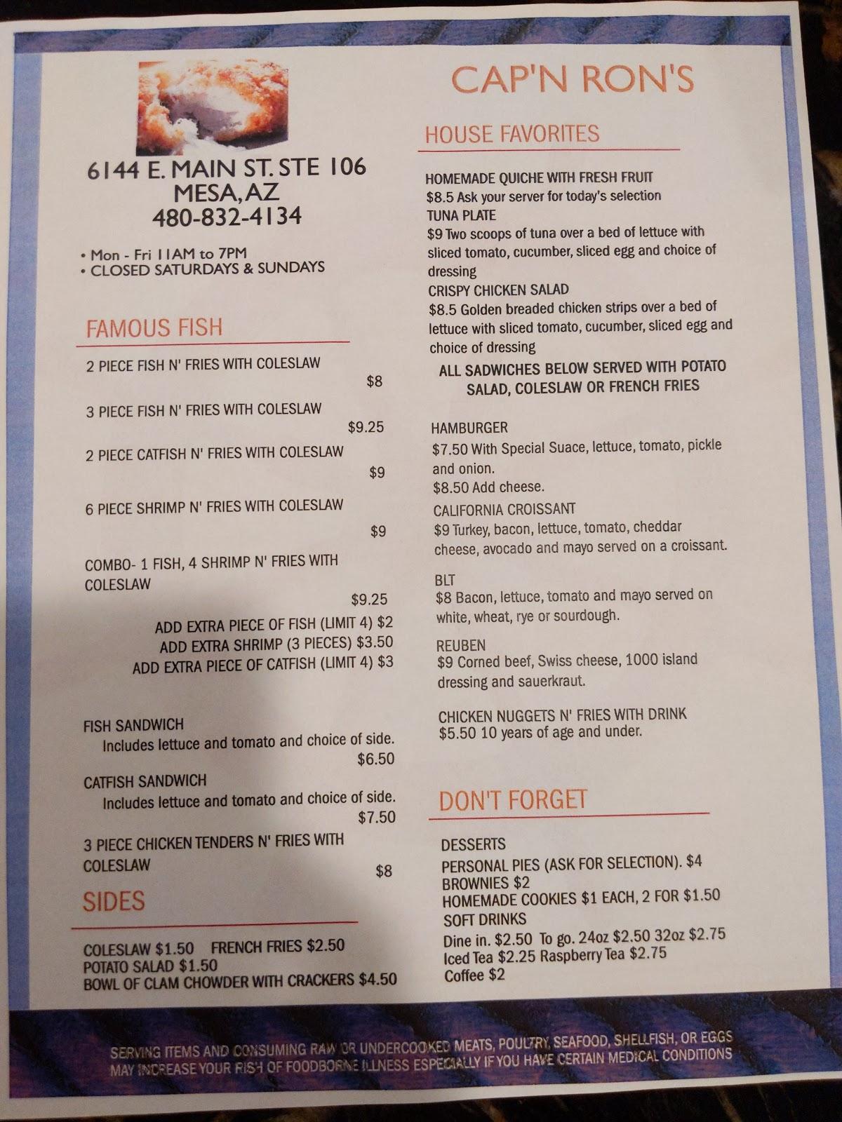 Menu at Cap'n Ron's Fish and Chips restaurant, Mesa