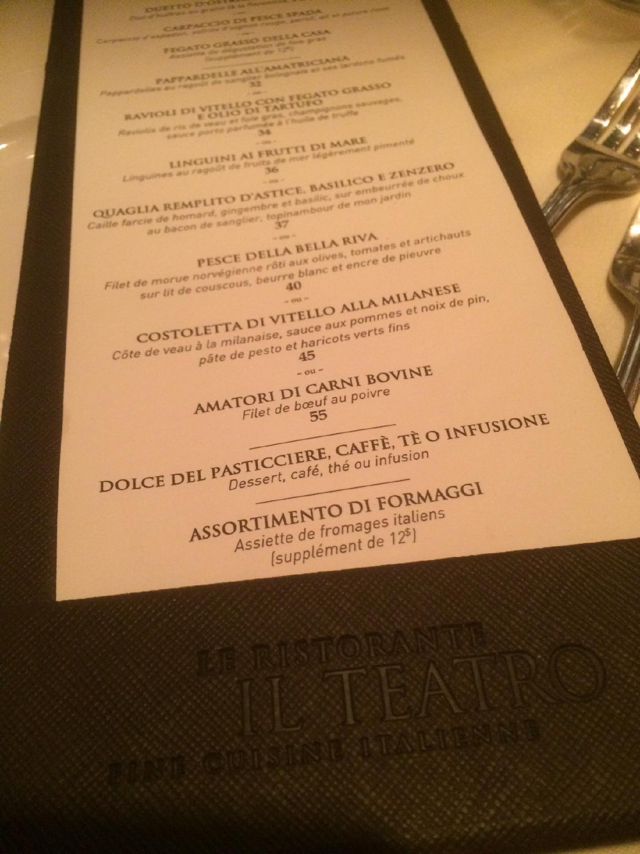 Menu au Ristorante Il Teatro restaurant, Québec