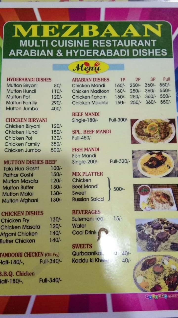 Menu at Mezbaan multicusine Restaurant, Karimnagar