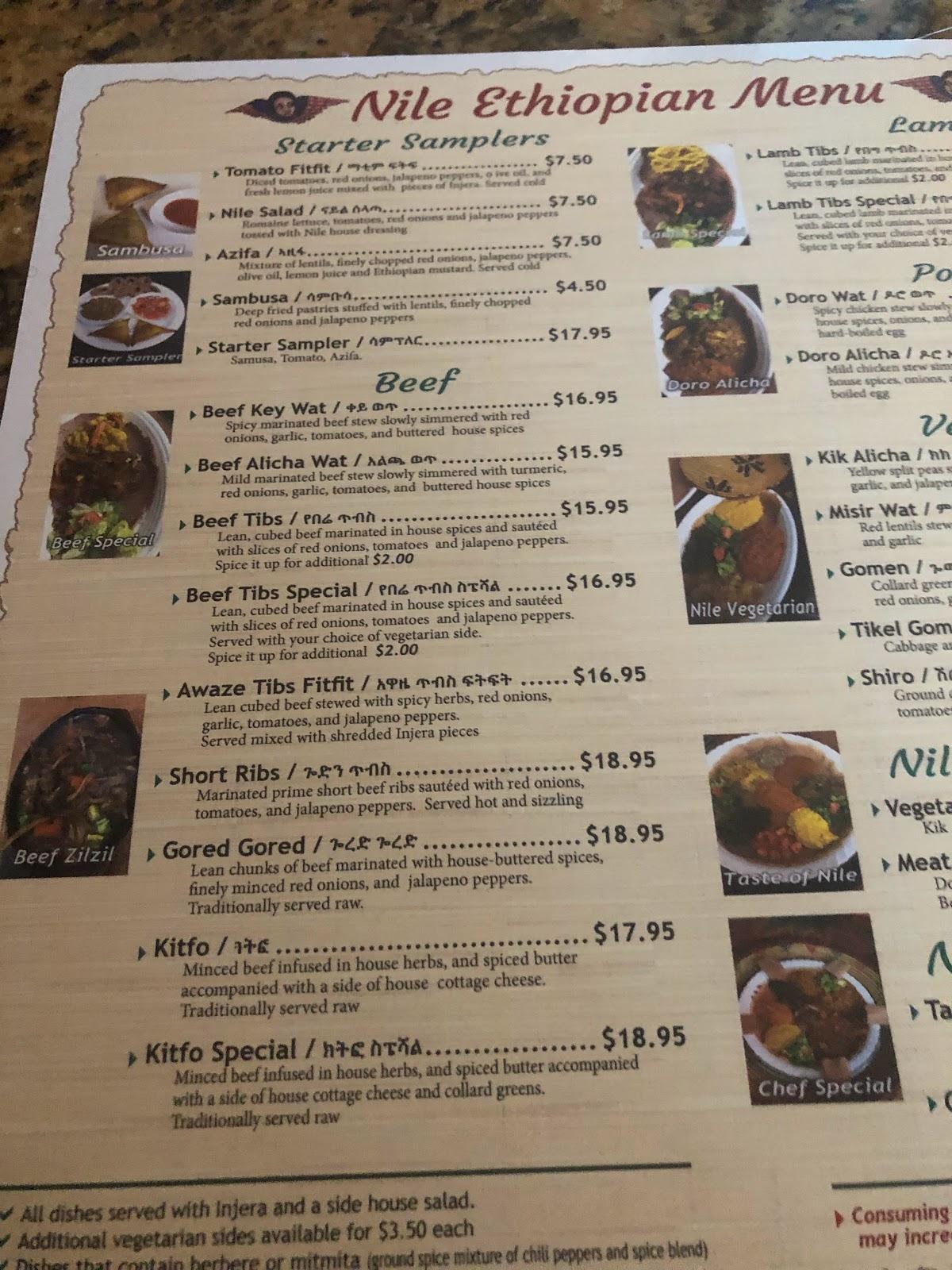 Menu at Nile Ethiopian restaurant, Orlando