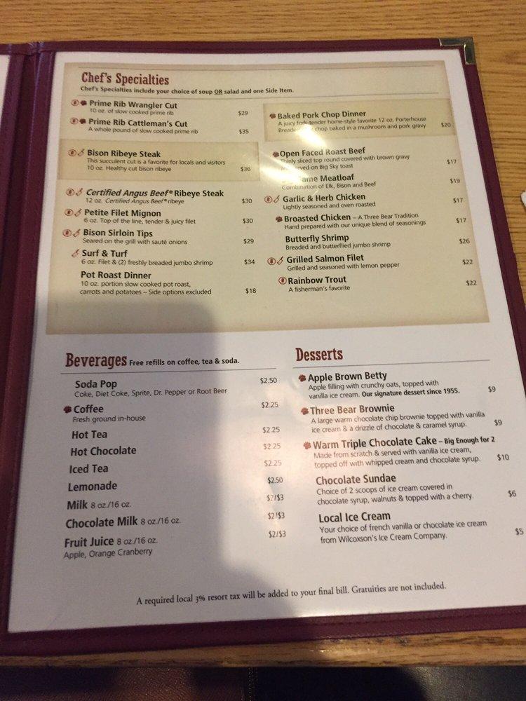 Menu at Three Bear Restaurant, West Yellowstone