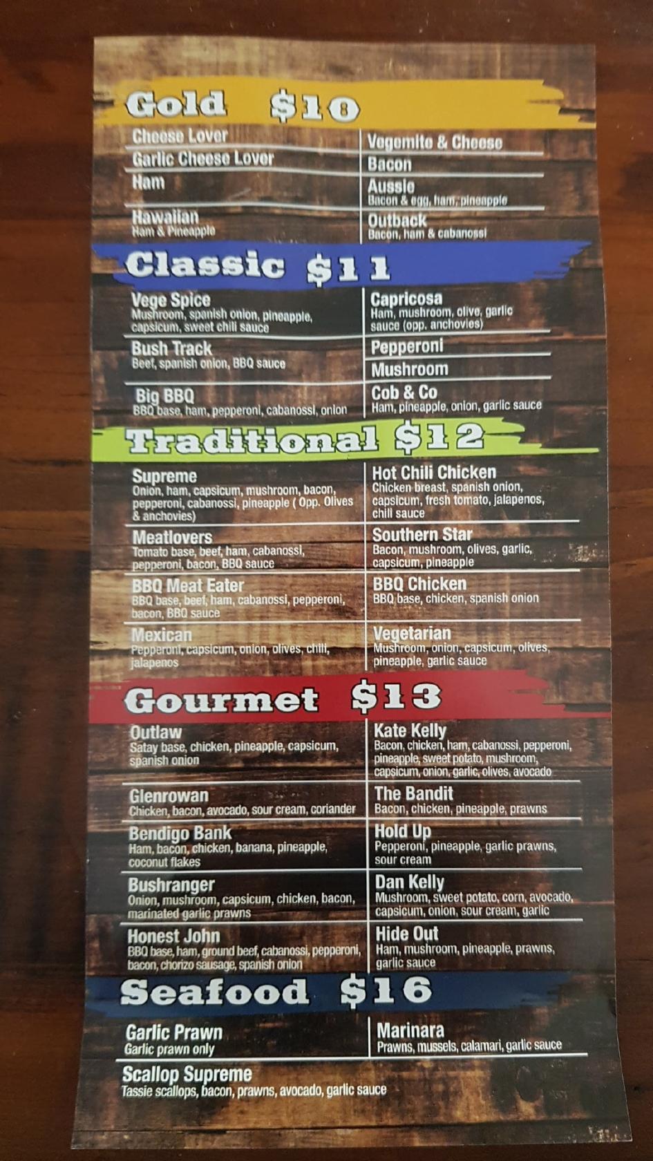 Menu at Outlaw Pizza restaurant, Tweed Heads South