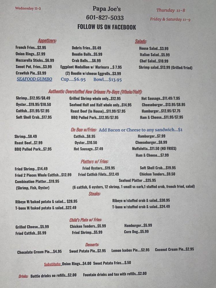 Menu at Papa Joe’s Cajun and Italian cuisine restaurant, Tylertown