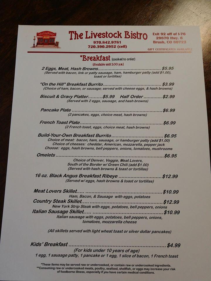 Menu at The Livestock Bistro restaurant, USA, US-6