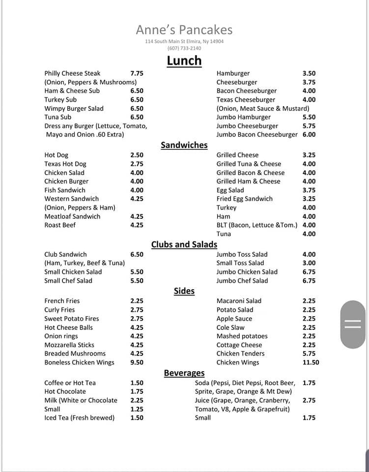 Menu at Anne's Pancakes restaurant, Elmira