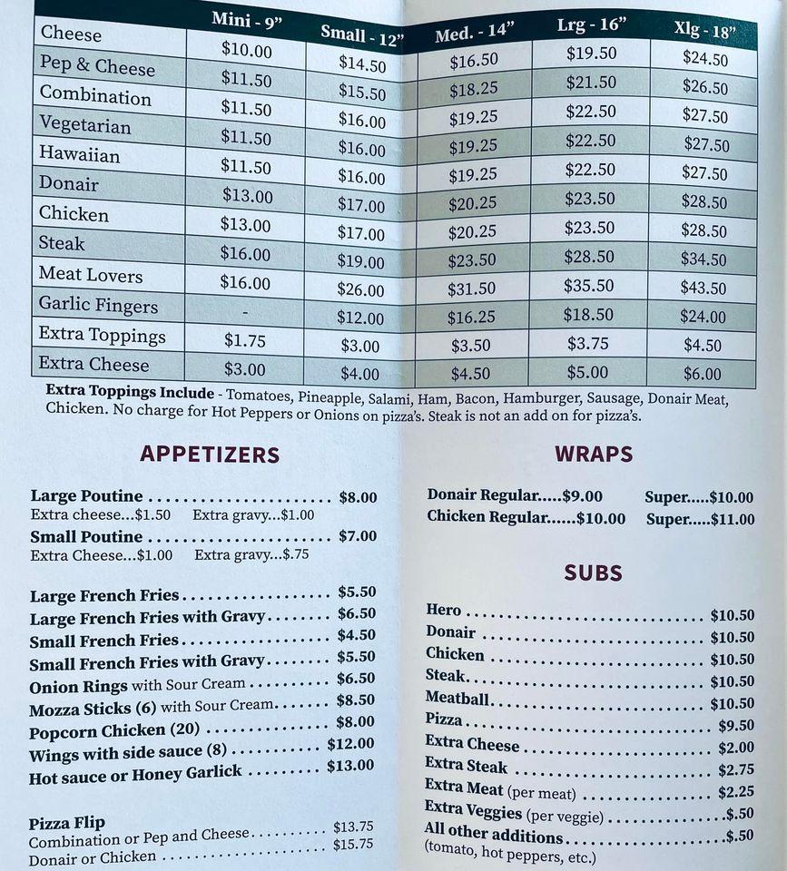 Menu at Big Daddy Pizza pizzeria, New Waterford
