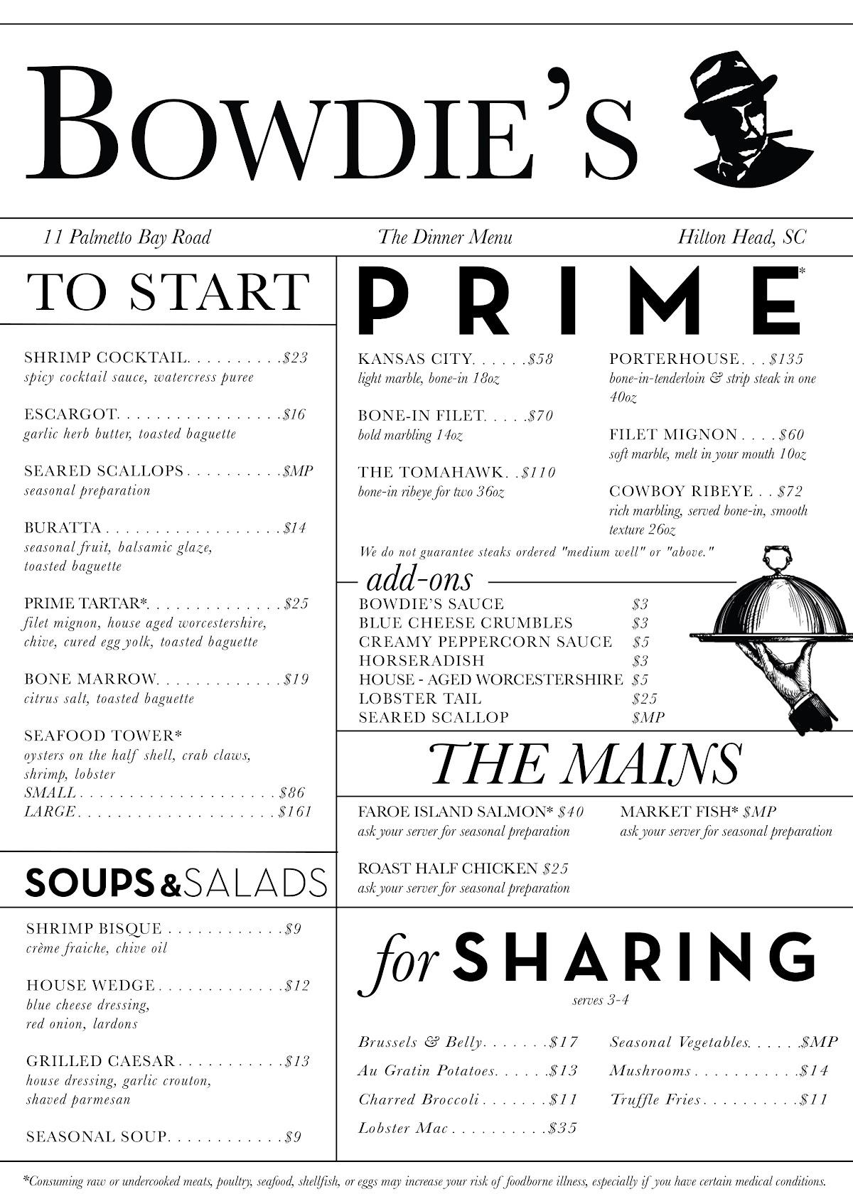 Menu at Bowdie's Chophouse pub & bar, Hilton Head Island