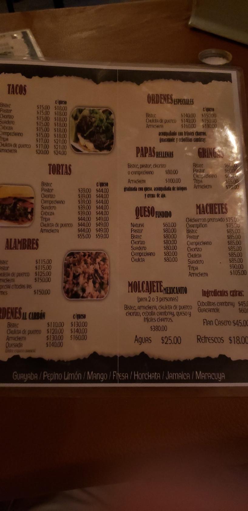 Menu at El Mexicanito restaurant, Playa del Carmen