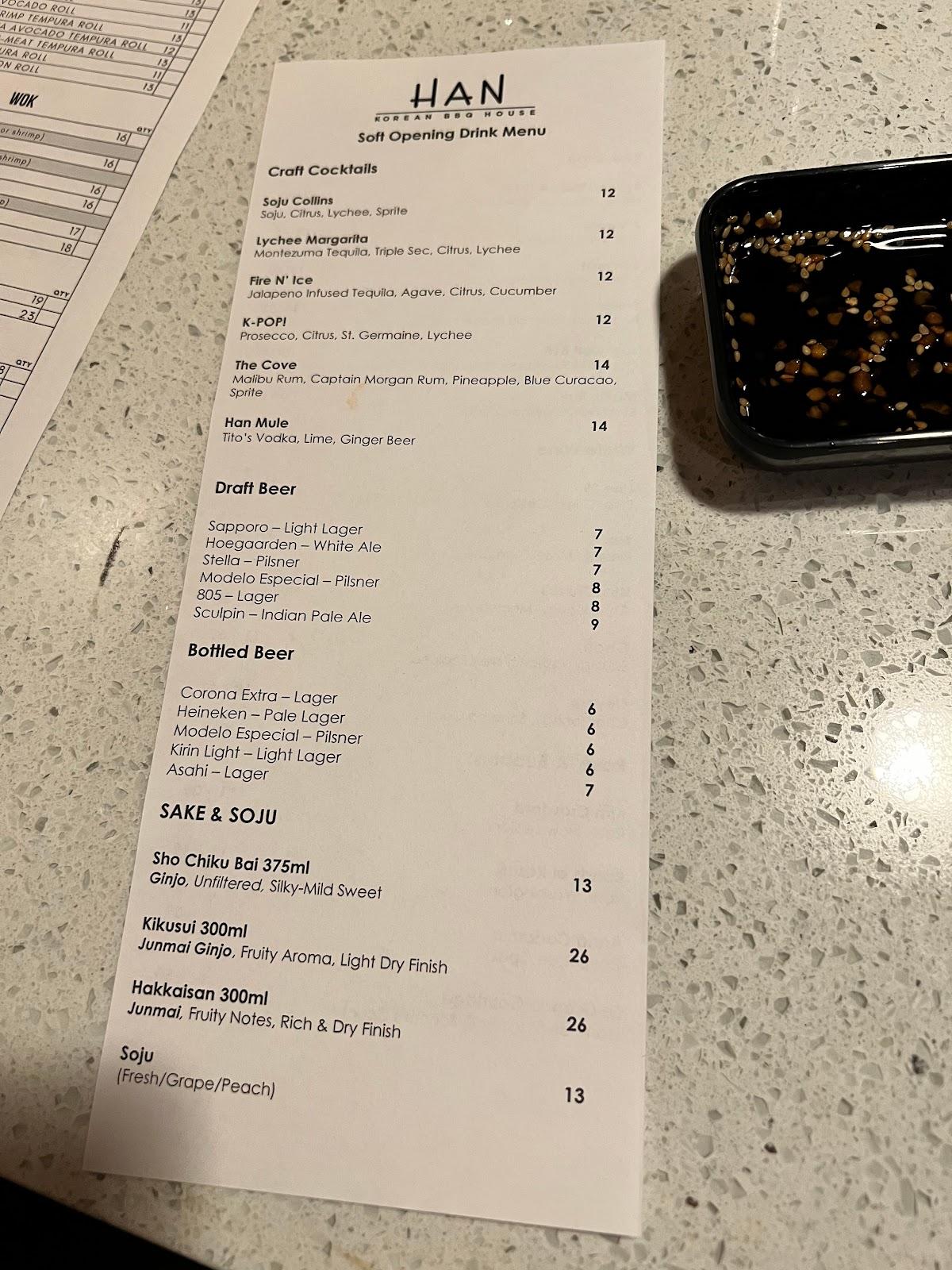 Menu at Han Korean BBQ House, Burbank