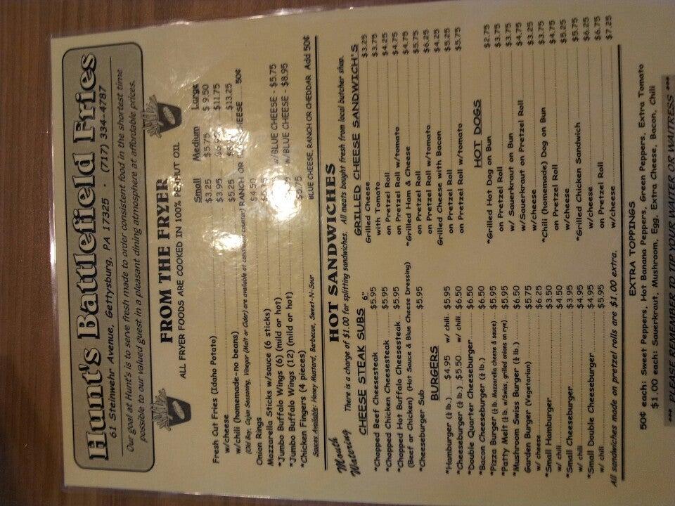 Menu at Hunt's Battlefield Fries cafe, Gettysburg