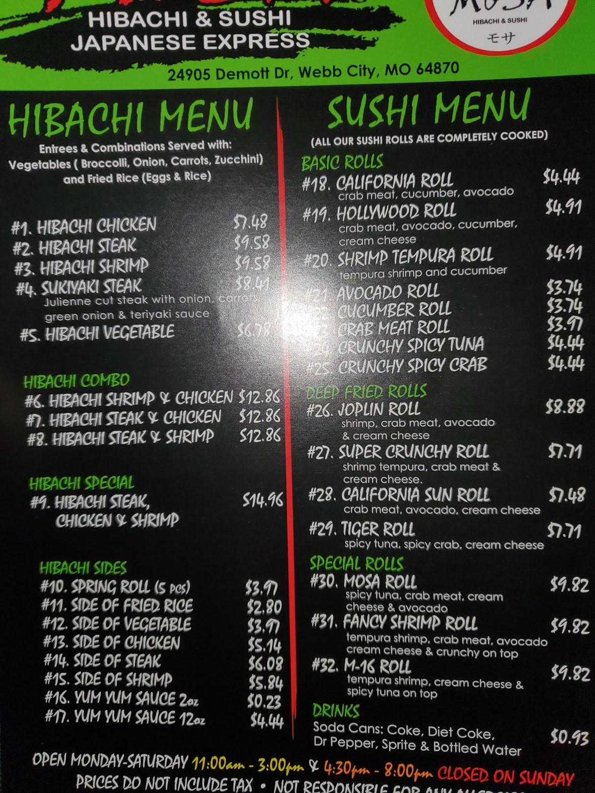 Menu at MOSA Hibachi & Sushi Japanese Express Webb City restaurant ...