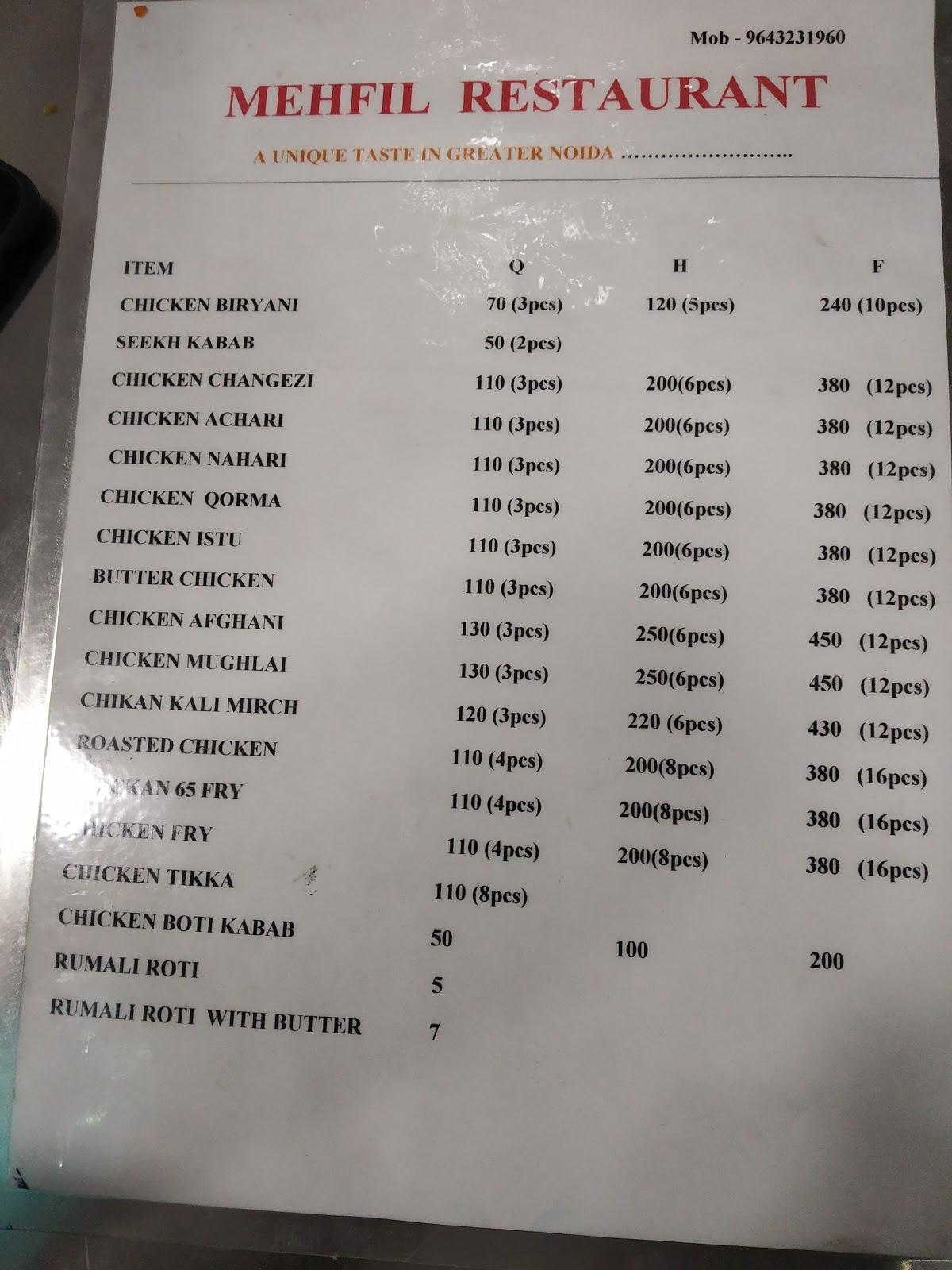 Menu at Mehfil Restaurant, Greater Noida
