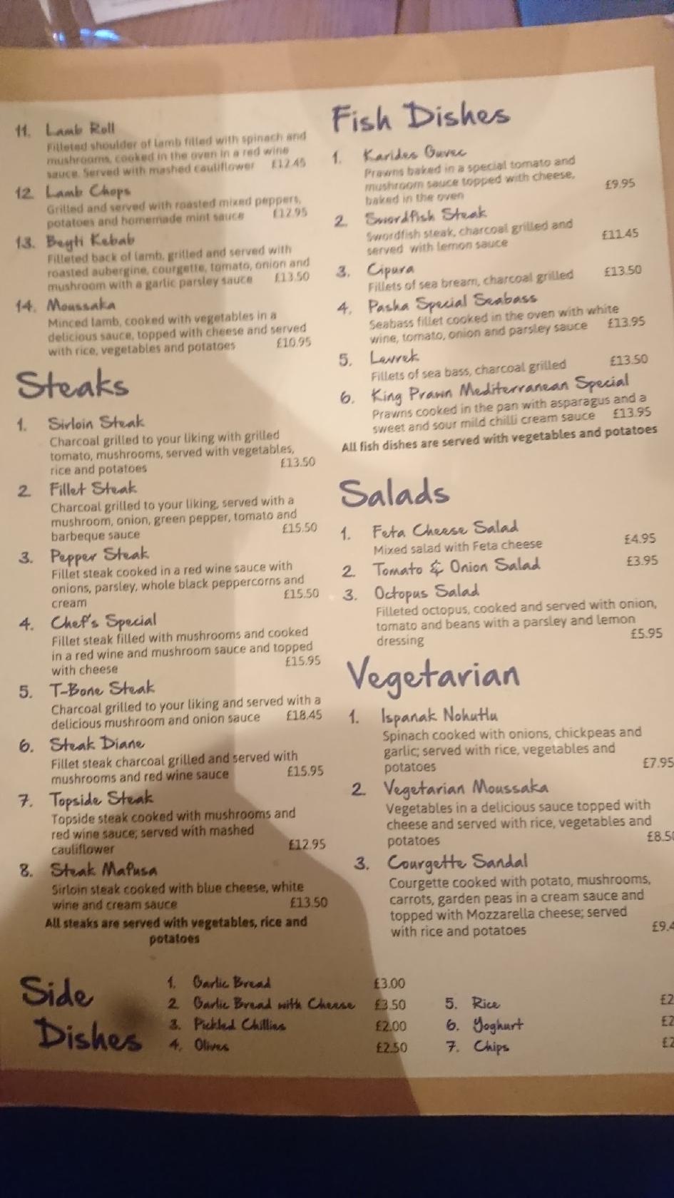 Menu at Pasha restaurant, Stockport, 179 London Rd