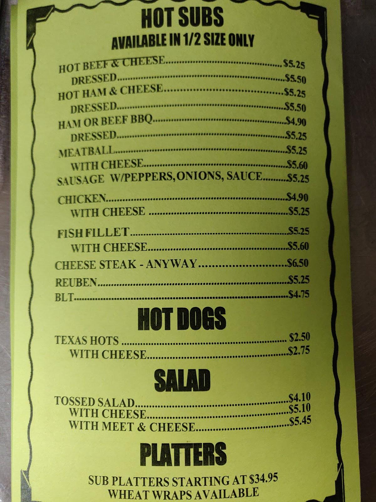 Menu at Southside Sub Shop fast food, Elmira, 374 S Main St