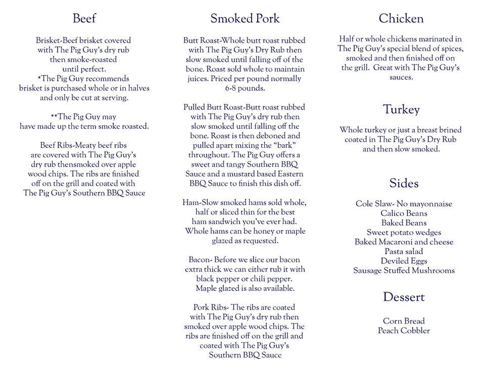 Menu at The Pig Guy restaurant, Hilliards