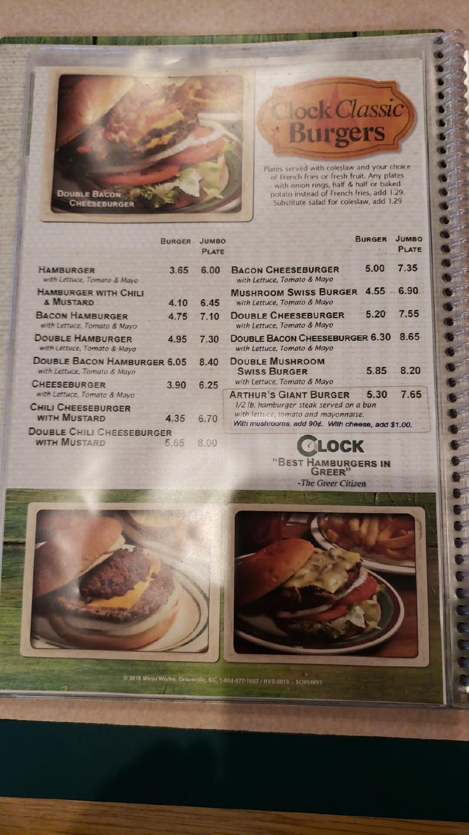 Menu at Clock Restaurant, Greer
