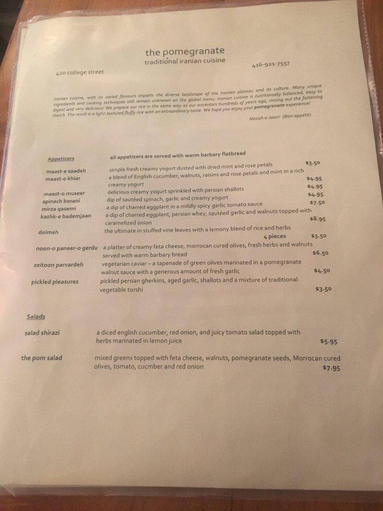 Menu at Pomegranate Restaurant, Toronto