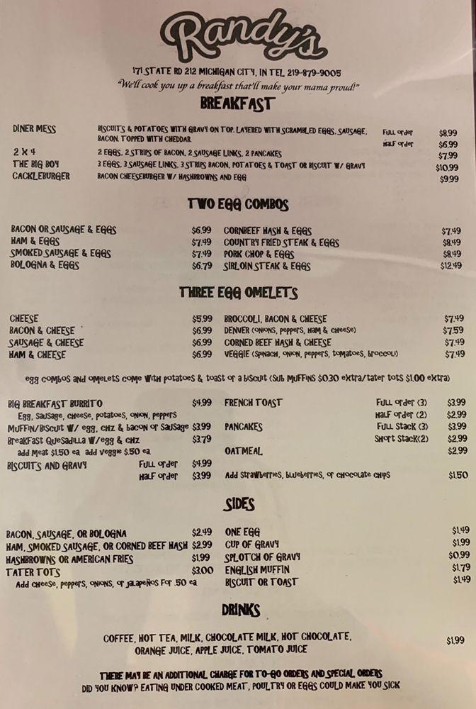 Menu at Randy's Diner fast food, Michigan City