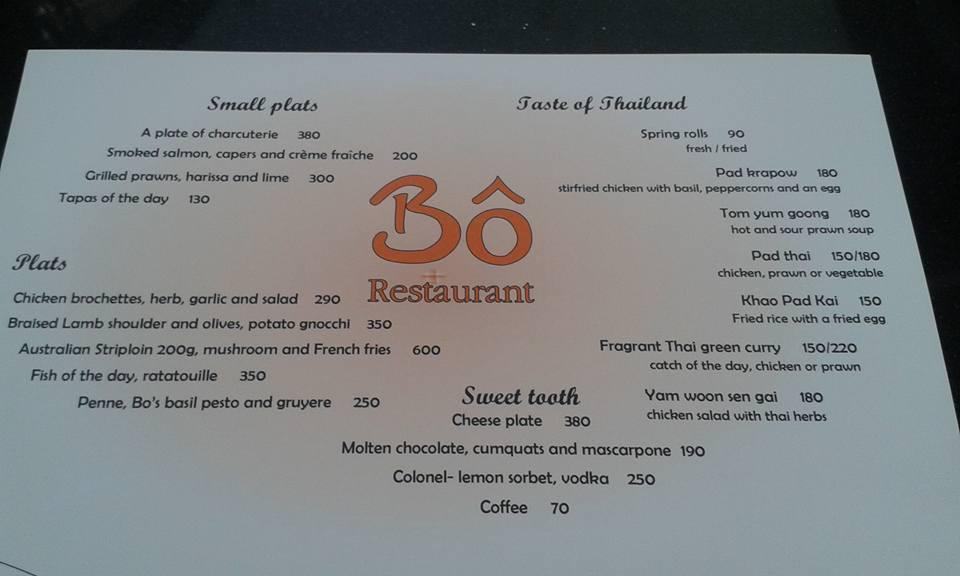 Menu at Bô Restaurant and Bar, Thep Krasatti