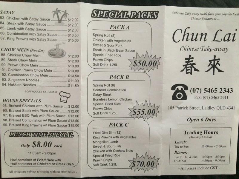 Menu at Chun Lai Chinese Restaurant, Laidley