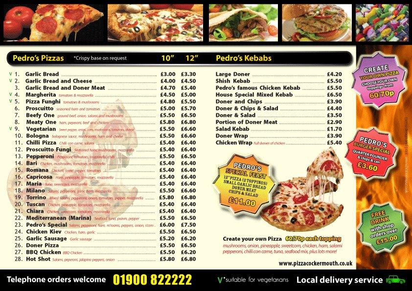 Menu at Cockermouth pedros takeaway restaurant, Cockermouth
