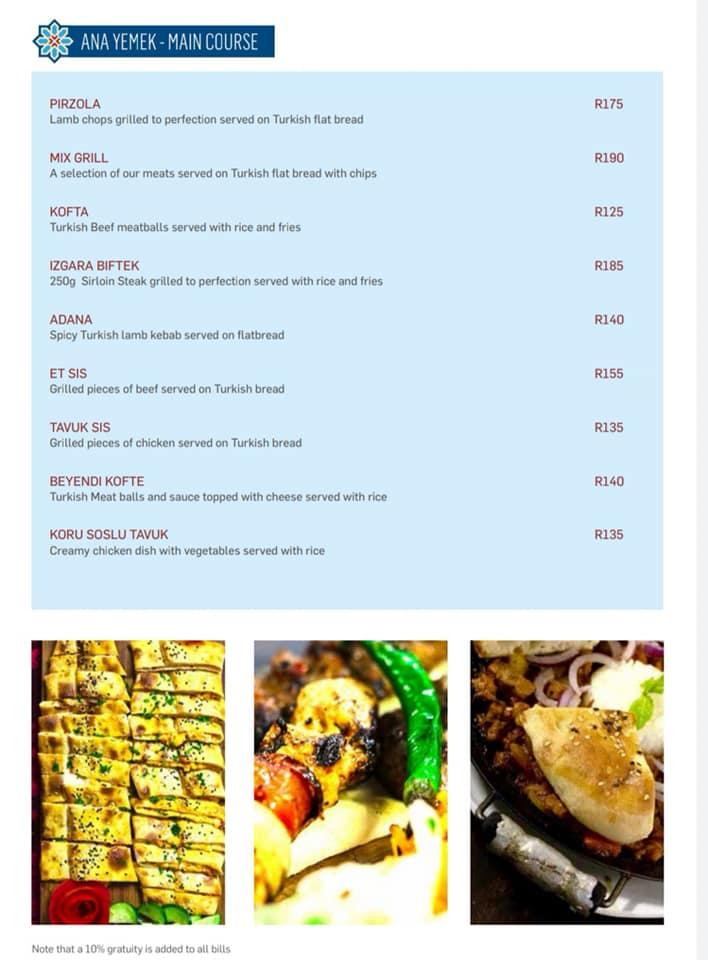 Menu at EatStanbul restaurant, Cape Town