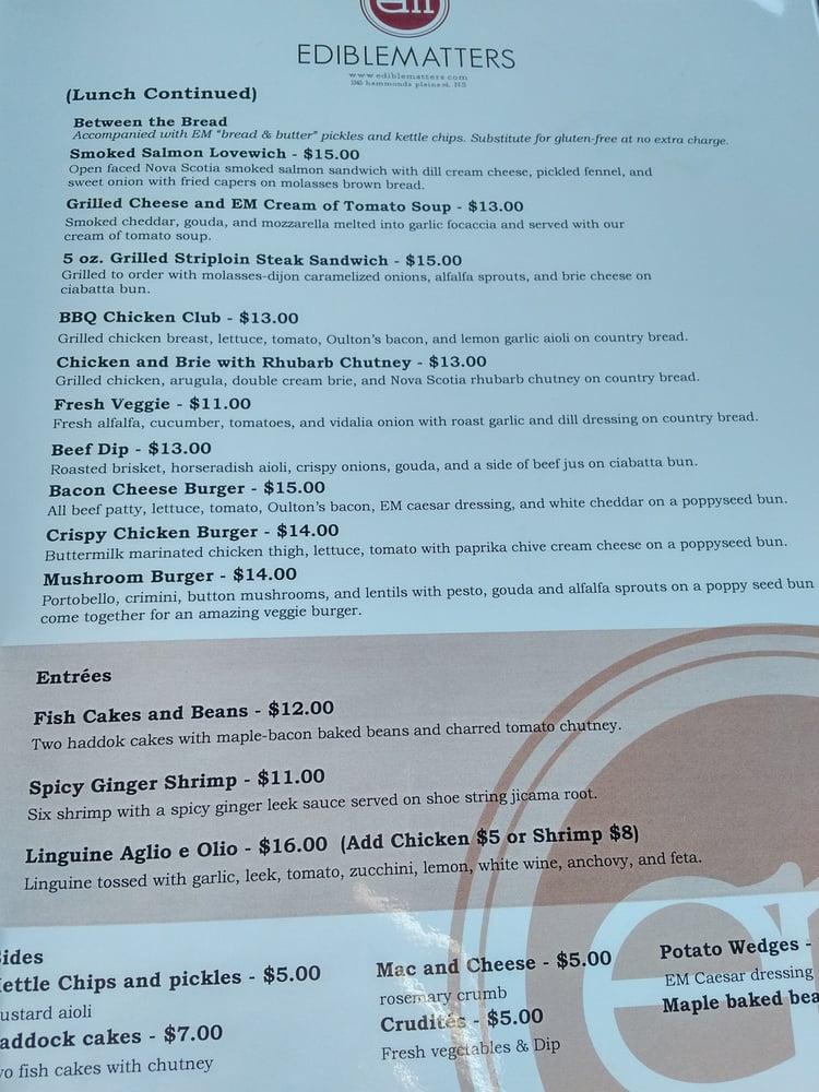 Menu au Edible Matters café, Upper Hammonds Plains