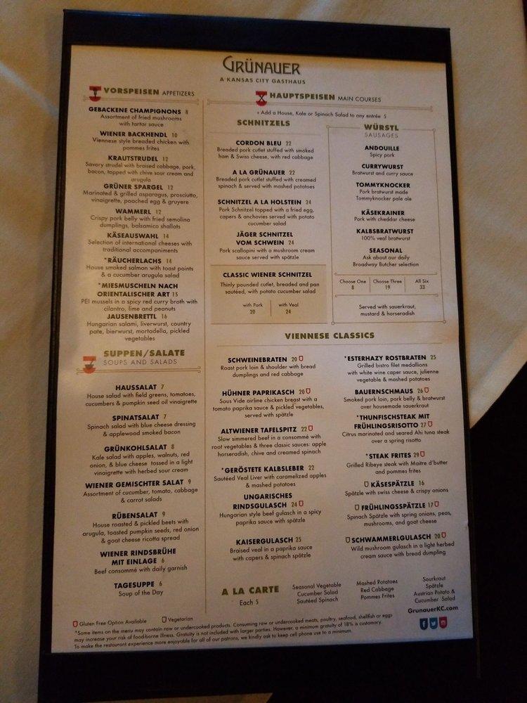 Menu at Grünauer pub & bar, Kansas City