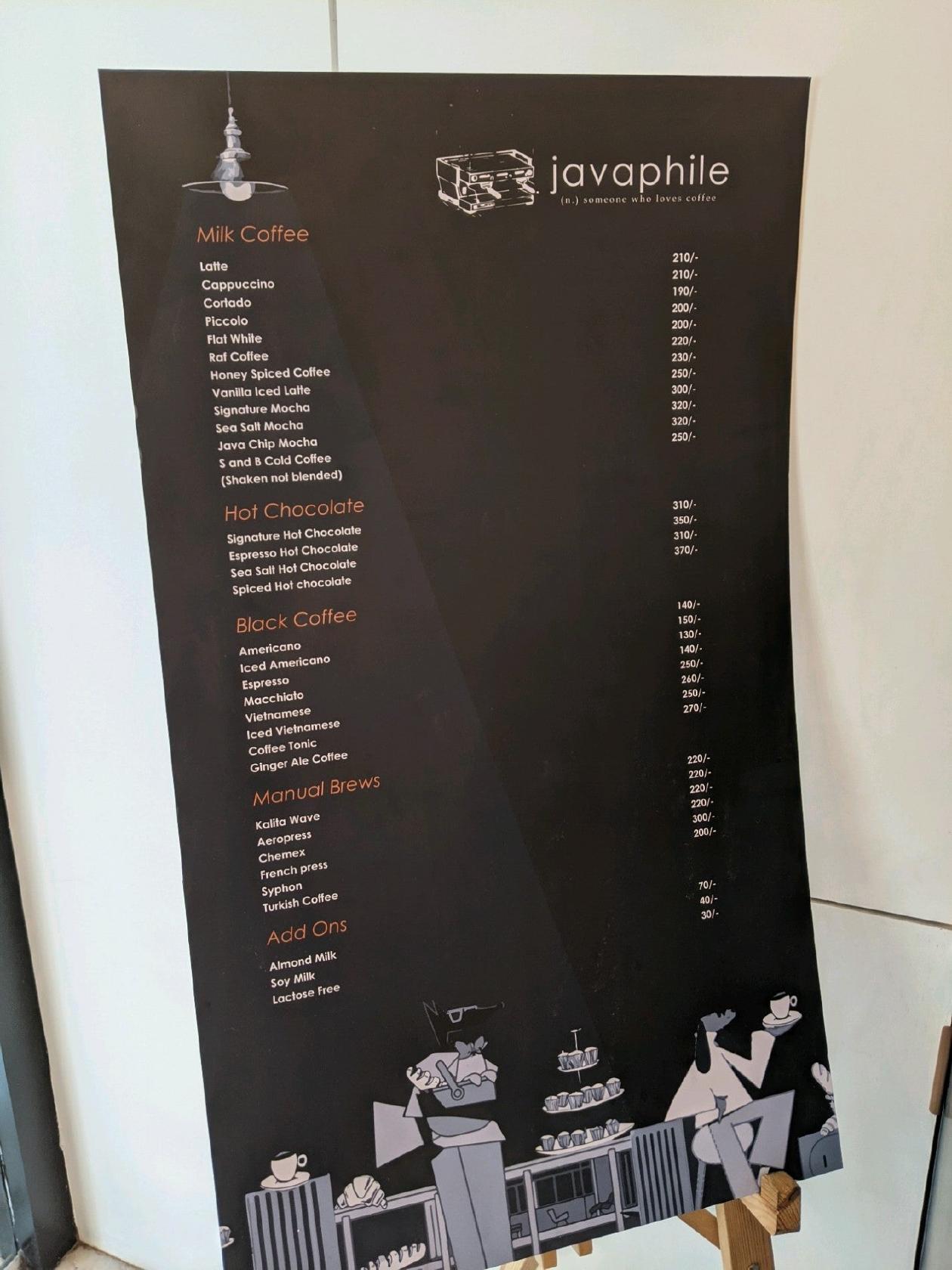 Menu at javaphile, Mumbai
