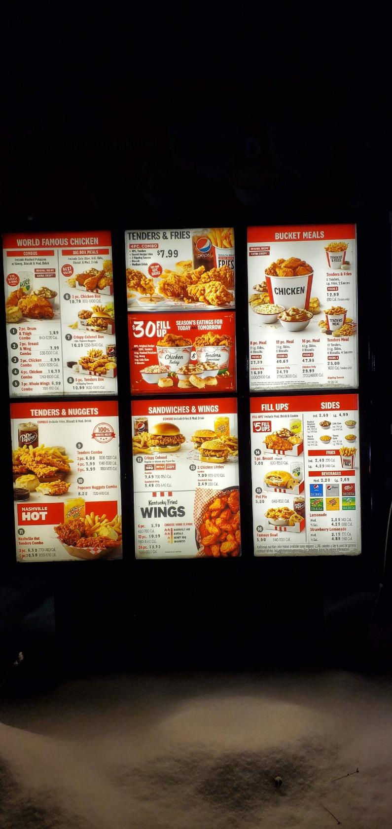 Menu at KFC fast food, Klamath Falls