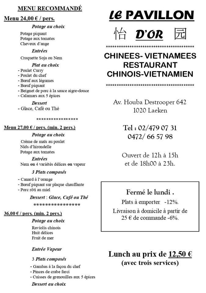Menu au Le Pavillon d'Or, Bruxelles, Avenue Houba de Strooper 642