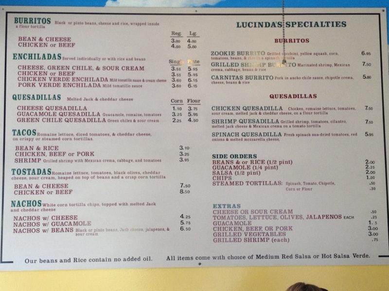 Menu at Lucinda's Mexican Take Out restaurant, Mill Valley