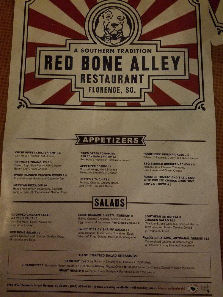 Menu at Red Bone Alley pub & bar, Florence, W Palmetto St
