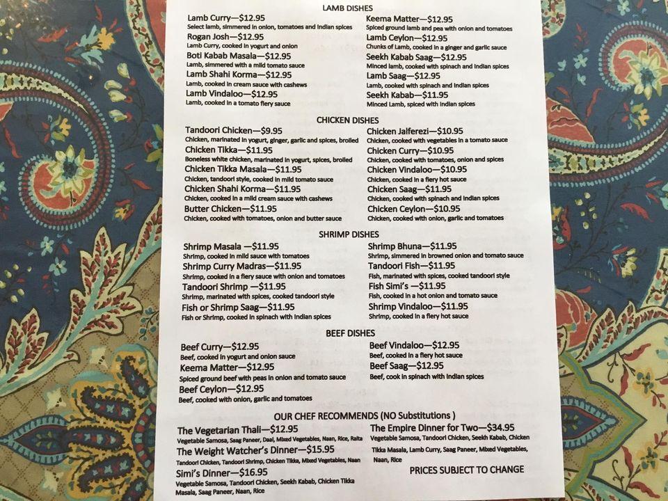 Menu at Simi's India Cuisine restaurant, San Antonio