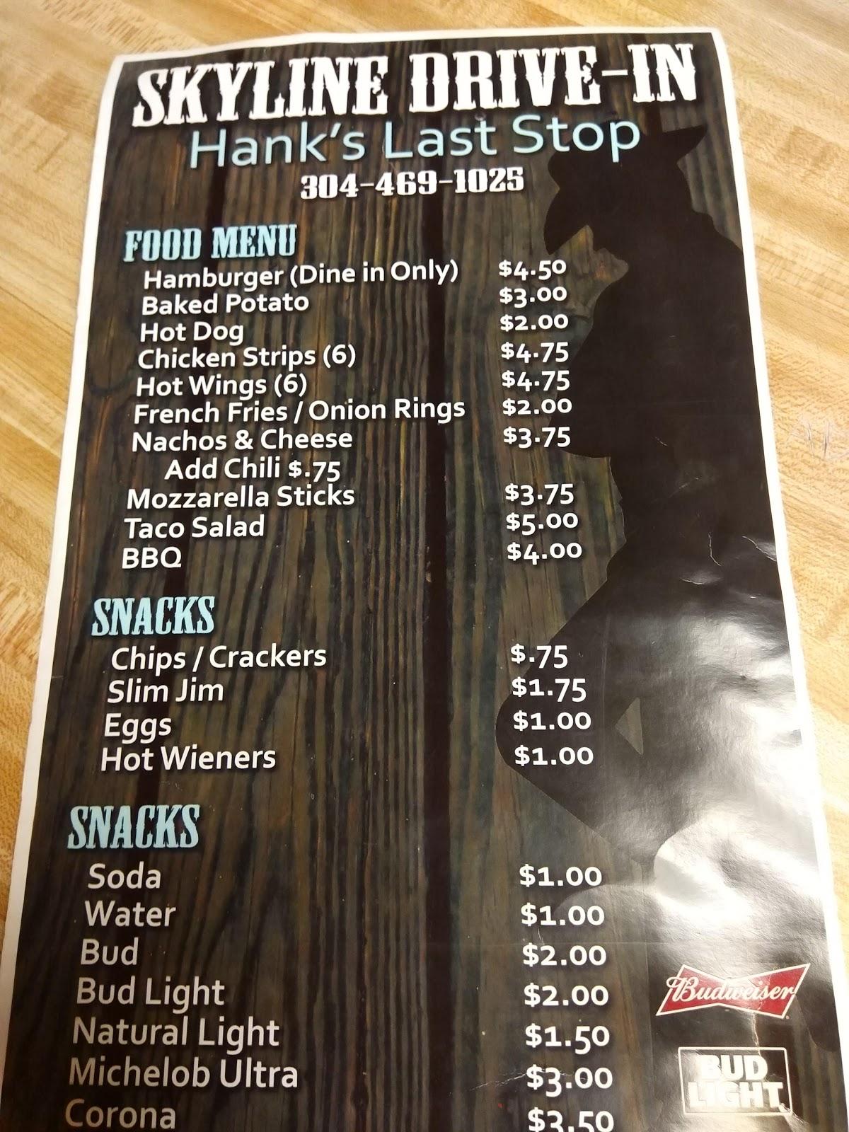 Menu at Skyline Drive In restaurant, Oak Hill