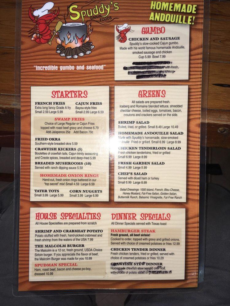 Menu at Spuddy's Cajun Foods restaurant, Vacherie