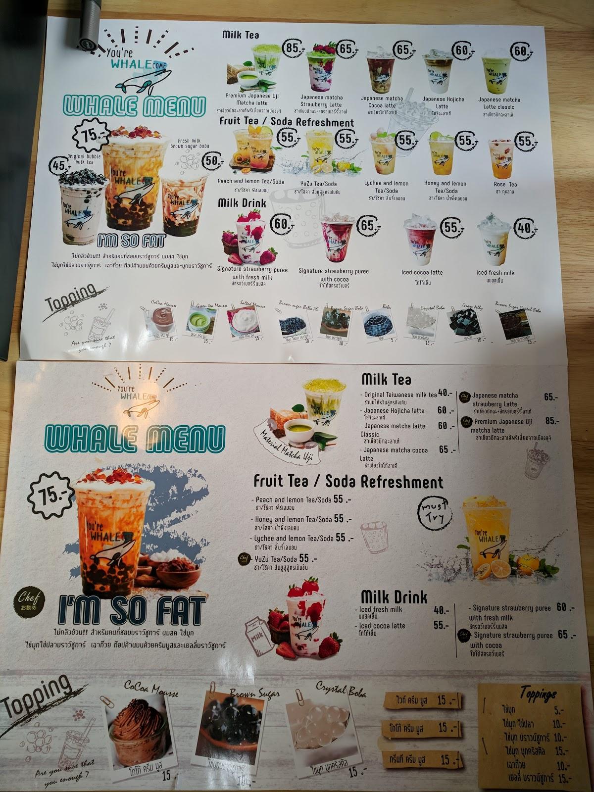 Menu at you're whalecome cafe, Bangkok