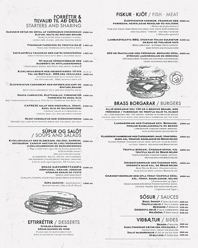 Menu at Brass Kitchen & Bar, Reykjavík