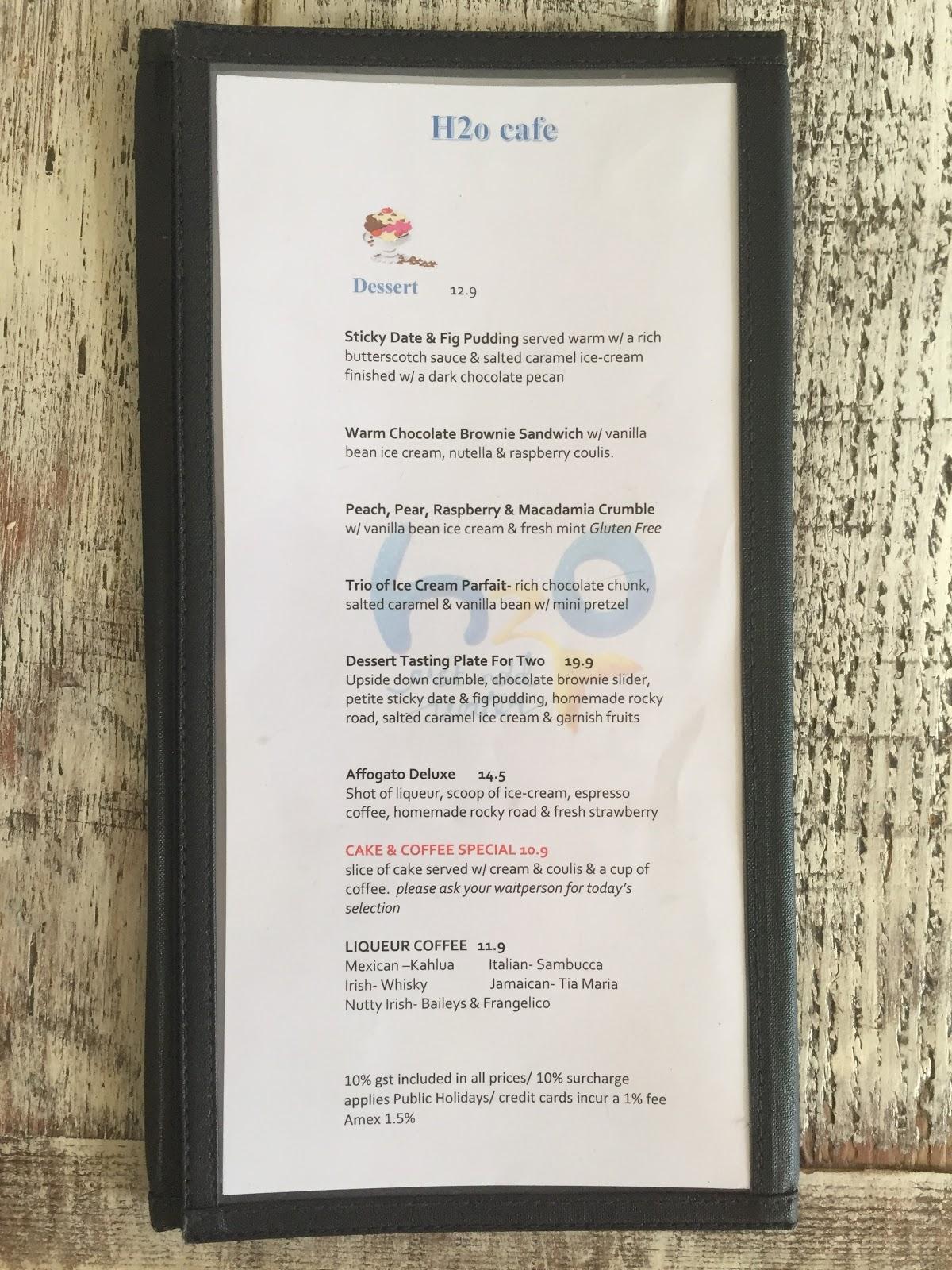 Menu at H2O Cafe Restaurant, Narrabeen